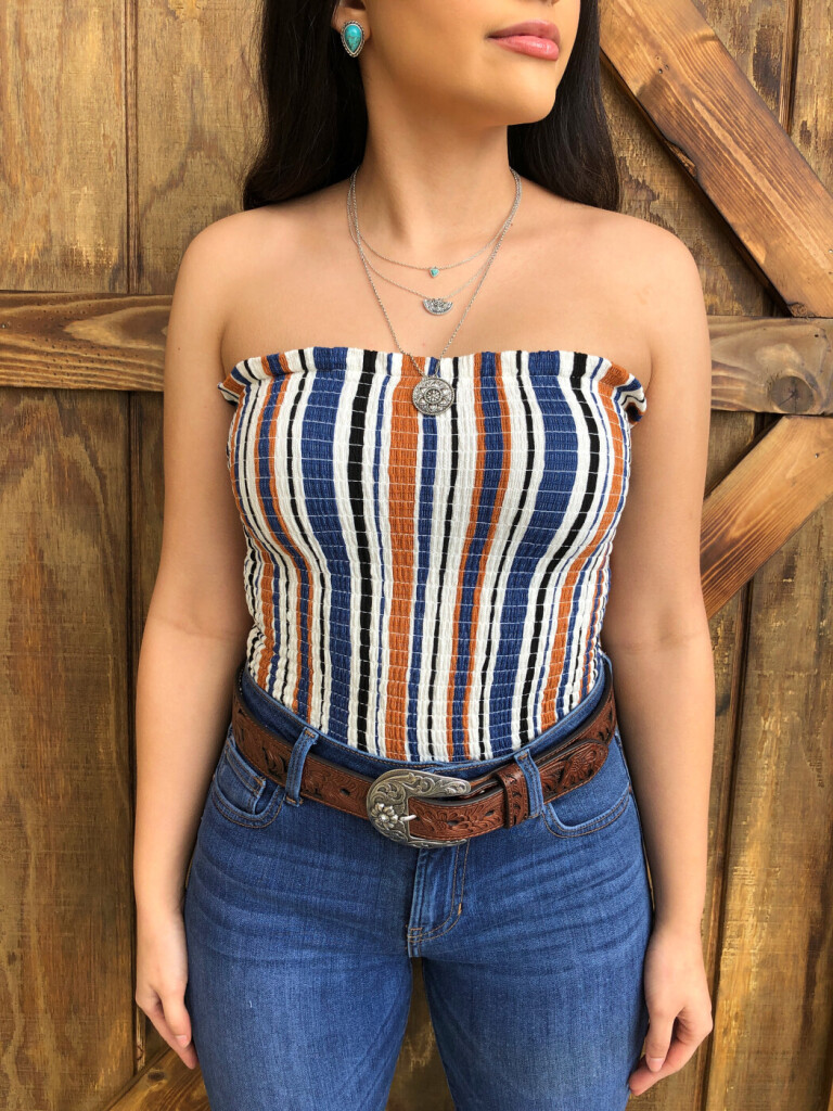 Libby ” Ruffled Smocked Stripe Tube Top ( Blue / Mix ) – Ale Accessories